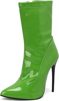 Generic Femmes Cuir Verni Bottes Courtes Bout Pointu Bottes Mi-Mollet avec Fermeture Éclair Talons Aiguilles Alto Bottines,Vert,35.5 EU