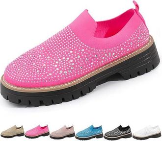 Generic Mocassins orthop&eacute;diques &agrave; enfiler avec strass pour femme - Maille respirante - Chaussures de marche scintillantes, rose rouge, 39.5 EU