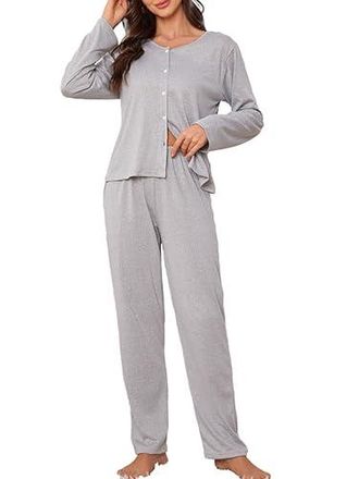 Generic Pyjama Femme Confortable Ensemble Manches Longues col Rond boutonné Tenue de Nuit Douce et Respirante