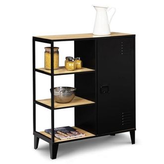 IDMarket Buffet dappoint 3 &eacute;tag&egrave;res et Placard m&eacute;tal Noir et Plateau Bois 70 cm Ester Design Industriel