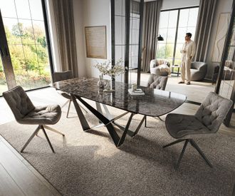 DELIFE Esstisch Edge Boot 180-220x100 cm Keramik Emperador Extra Lucidato Dunkelbraun Spider Flachstahl Edelstahl Graphit ausziehbar, Esstische