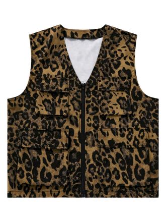 SOLY HUX Herren Weste Y2K Leopard Westen &Auml;rmellos Leoweste mit Taschen Freizeitweste Zip Up D&uuml;nne &Uuml;bergangweste Jacke mit V Ausschnitt Leoparden M