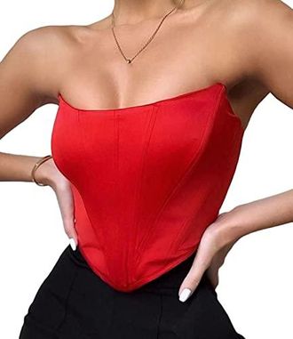 Onsoyours Mesh Corset Femmes Crop Tops Corset Sans Manches Bustier Sans Bretelles Underbust D&eacute;soss&eacute; Dos Nu Hors &Eacute;paule Esth&eacute;tique Bodyshaper Tops Y2K C Rouge S