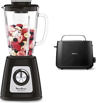 Moulinex Blender mixeur électrique, Bol verre 1,75 L, Puissance 800 W, Verrouillage sûr, Ergonomique, Broyeur à grains & Philips Grille-pain - 2 Fentes, 8 Régl