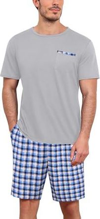 Ekouaer Pyjama Set Homme Ete Court Ensembles Pyjama Vêtements de Nuit T-Shirt Col Rond Manches Courtes Pijamas 2 Pièce, Gris/Carreaux, XL