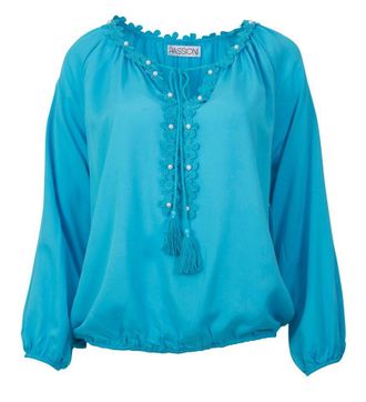 Passioni Langarmbluse Sommerliche Bluse mit Blumen-Applikationen Perlen Verzierung