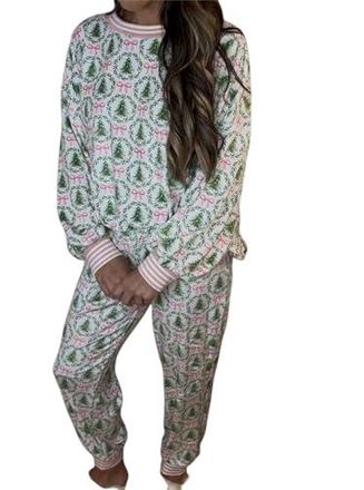 Generic Ensemble de pyjama sapins de Noël et noeuds - Joli noeud - Motif arbre de Noël - Rayures contrastées, a, XXL