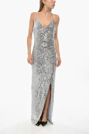 Balmain Maxi Sequin Dress with Slit and Spaghetti Straps Balmain