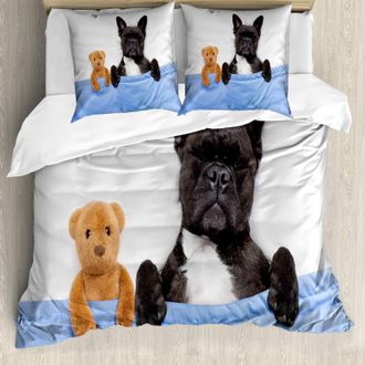 Abakuhaus Tier Bettbezugs Set Für Doppelbetten, Französisch Bulldog mit Bär, Milbensicher Allergiker geeignet mit Kissenbezügen,Weiß Blau Schwarz