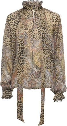 Etro Femme, Blouses et Chemises, Brun, Taille: 36 FR Blouse en mousseline de soie avec foulard en soie et motif cachemire et animalier