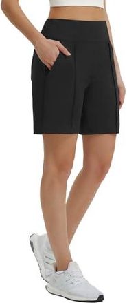 Baleaf Bermuda long taille haute pour femme de 17,8 cm avec poches à fermeture éclair, short long pour entraînement athlétique, marche décontractée, Noir, XX
