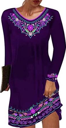 Onsoyours Femme Robe À Manches Longues Évasée Col en V Imprimé Vintage Style Ethnique Boho Robe A-Line Plissée Vintage Robe Cocktail Printemps Automne 22 Violet