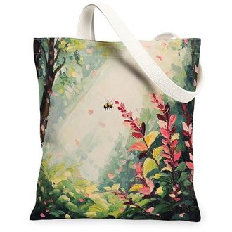 Generic Sac fourre-tout en toile Coleus printanier pour le shopping 33 x 38 cm, motif for&ecirc;t, fleurs, abeilles, sac d&eacute;picerie r&eacute;utilisable pour femme, peinture