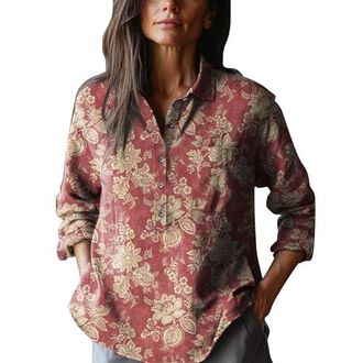 Generico Chemise Femme &Eacute;l&eacute;gant &agrave; Manches Longues Chemises en Lin Coton Curvy Grande Taille T Shirt Col en V Doux Blouse Vintage Imprim&eacute; avec Boutons Classique 