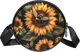 Generic Petit sac &agrave; bandouli&egrave;re rond pour femme, motif tournesol avec fermeture &eacute;clair, bretelles r&eacute;glables, style d&eacute;contract&eacute;, pour femmes et filles