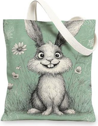 Generic Sac fourre-tout en toile motif lapin mignon, sac à provisions réutilisable, léger et lavable avec bandoulière, vert, 13x15 Inch