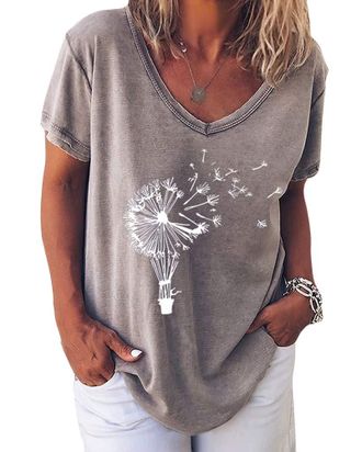 Minetom Damen Sommer T-Shirt V-Ausschnitte Loose Kurzarm Blusen Oversize Shirt Oberteile G Grau 48