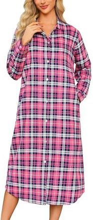 Mia Lucce Chemise de nuit en flanelle pour femmes - Manches longues, chemise de nuit boutonn&eacute;e, Grille rose, M
