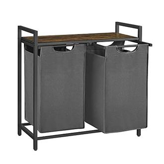 Vasagle Panier à Linge 2 Compartiments, Corbeille à Linge Sale, 2 Sacs Amovibles en Tissu Oxford, Étagère, Cadre en Métal, 2 x 46 L, 73 x 33 x 72 cm, Gris Ard
