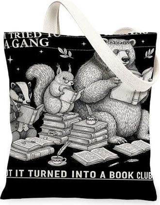 Generic Sacs fourre-tout en toile avec motif danimaux sauvages, sacs d&eacute;picerie r&eacute;utilisables, noirs, vintage, l&eacute;gers, lavables avec bandouli&egrave;re, noir, 13x15 I