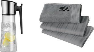 WMF Basic Wasserkaraffe mit Griff 1,5 liter, Glaskaraffe mit Deckel 1,5 l & K&uuml;chenhandtuch-Set 3-teilig, Baumwolle K&uuml;chent&uuml;cher, 2 Geschirrt&uuml;cher, Handtuc