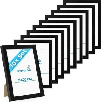 Photolini Cadre 15 x 20 bois MDF noir, lot de 10 cadres photo pour posters et affiches, verre acrylique incassable, d&eacute;coration murale &agrave; suspendre & &agrave; poser, ave