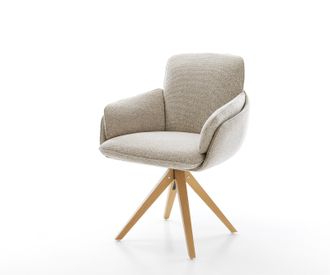 DELIFE Drehstuhl Luan-Flex mit Armlehnen Webstoff Soft Beige Holzgestell kantig Natur 360&deg; drehbar, Esszimmerst&uuml;hle