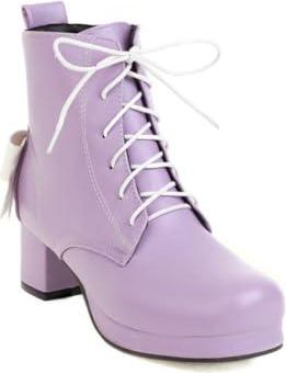 Generic Bottines Femme Noeud Bout Rond Talons Carrés Lacets Tige PU Durable Confortables Enfilables Décontracté Quotidien Chaussures,Violet,38.5 EU