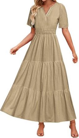 Generico Robe d&eacute;t&eacute; d&eacute;contract&eacute;e en coton pour femme avec manches bouffantes, col en V Robe de loisirs d&eacute;t&eacute; en ligne A avec volants et poches manches courtes et