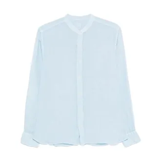 120% Lino Chemise &agrave; col Mao en lin - Homme - Chemises - Bleu - Taille: L