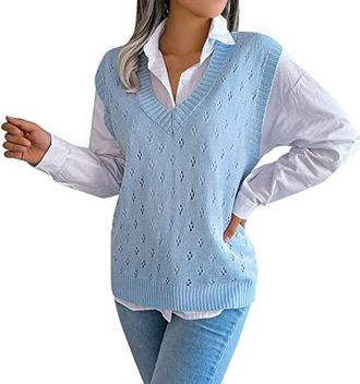 Generic Gilet tricot&eacute; sans manches &agrave; col en V pour femme, bleu, S