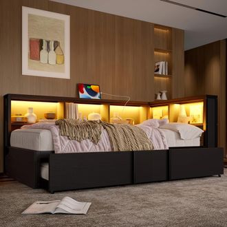 Merax Metall-Tagesbett 90x200 cm, Schlafsofa mit Ausziehbett, Stauschr&auml;nken, LED-Beleuchtung und USB-Anschl&uuml;ssen, schwarz, ohne Matratze