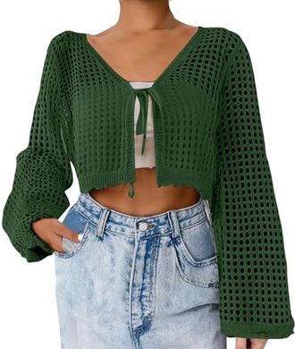 Generic Cardigan tricot&eacute; &agrave; manches longues pour femme avec noeud sur le devant et clochette - Haut court en tricot au crochet - L&eacute;ger - Bol&eacute;ro ajour&eacute; - Pull d