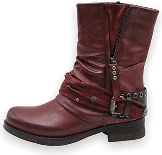 SDS ST04 Bottines de motard pour femme - Bottes avec rivets - Talon bloc - Confortables - Automne Hiver - Boucles, rouge bordeaux, 38 EU