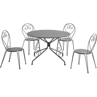 Vente-Unique Salle &agrave; manger de jardin en m&eacute;tal fa&ccedil;on fer forg&eacute; : une table D.120cm et 4 chaises empilables - Anthracite - GUERMANTES de MYLIA