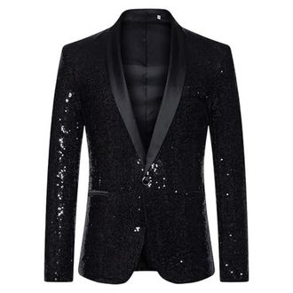 Generic Veste de Costume Noire pour Homme, Veste de Costume métallisée Brillante, Blazer Smoking pour Bal Promo, Smoking Mariage, Manteau Scintillant Tendance