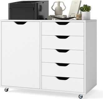 Costway GIANTEX Rollcontainer mit 5 Schubladen & Schrank, Aktenschrank mit Rollen, Schubladenschrank Holz unter Schreibtisch, Druckertisch f&uuml;r Zuhause & B&uuml;ro 