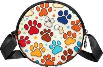 Generic Petit sac &agrave; bandouli&egrave;re rond pour femme, motif patte de chien color&eacute;, sac &agrave; dos avec fermeture &eacute;clair, bretelles r&eacute;glables, sac &agrave; main rond d&eacute;contract