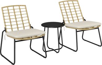 OUTSUNNY Rattan Gartenmöbel Set, Balkonmöbel Set für 2 Personen 3-teilig Outdoor Sitzgruppe mit 2 stapelbar Stühle, Tisch Kissen wetterfest Garten Lounge für T