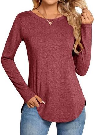Zeagoo T-Shirt Basique Femme Manches Longues Col Rond Confort Quotidien Bordeaux XL