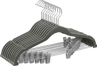 Songmics Kleiderbügel Samt, 10er Set, Rockbügel, 42,5 cm breit, mit verstellbaren Clips, rutschfest, platzsparend, für Hosen, Mäntel, Kleider, grau CRF012G10