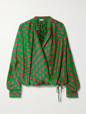 Dries Van Noten Draped Polka-dot Satin-jacquard Blouse - Green