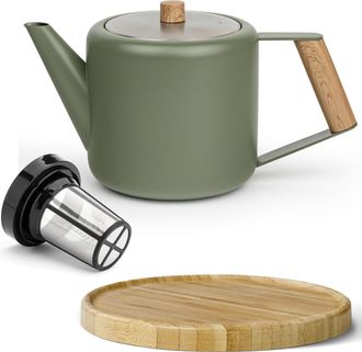 Bredemeijer gr&uuml;ne doppelwandige Teekanne 1.1 Liter aus Edelstahl - gro&szlig;e isolierende Edelstahlkanne mit Teefilter-Sieb-Aufsatz & braunem Holzuntersetzer
