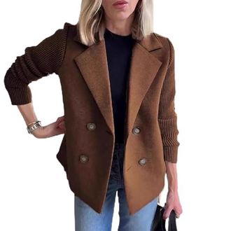 Generic Manteau d&eacute;contract&eacute; &agrave; manches patchwork en tricot &agrave; revers pour femme avec boutons &agrave; revers et double boutonnage, marron fonc&eacute;, XXL
