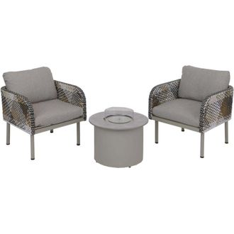 Hhg Poly-Rattan Garnitur HHG-340, Lounge-Set Garten Stuhl, Tischkamin Bioethanol-Fire-Pit Alu Stoff 220g/m&sup2; creme-beige