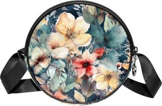 Generic Petit sac &agrave; bandouli&egrave;re circulaire pour femme, motif feuilles florales, sac &agrave; dos avec fermeture &eacute;clair, bretelles r&eacute;glables, sac &agrave; main rond d&eacute;contra