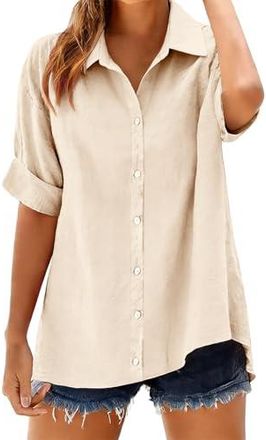 Generic Chemise en lin pour femme grande taille - Chemisiers &agrave; manches longues pour le travail en coton avec boutons &agrave; col popover, chemisier &agrave; &eacute;paules tomban