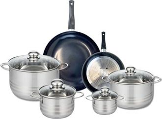 Fackelmann ELO 9727650 Batterie de cuisine 6 pièces, Ensemble de 2 Poêles de cuisson 20 et 28 cm et 4 faitouts 12, 16, 20 et 24 cm Elo Prima Brillant, inox, indu