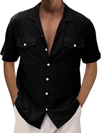Generic Chemise cargo à manches courtes pour homme avec deux poches - Couleur unie - Haut de travail boutonné - Vêtements dextérieur, Z02 - Noir, 3XL