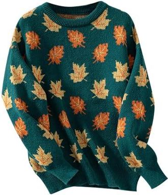 Generic Pull pour femme motif feuille d&eacute;rable col rond manches longues pull d&eacute;contract&eacute; pull tricot&eacute; mode automne hiver confortable tunique hauts pour femmes,